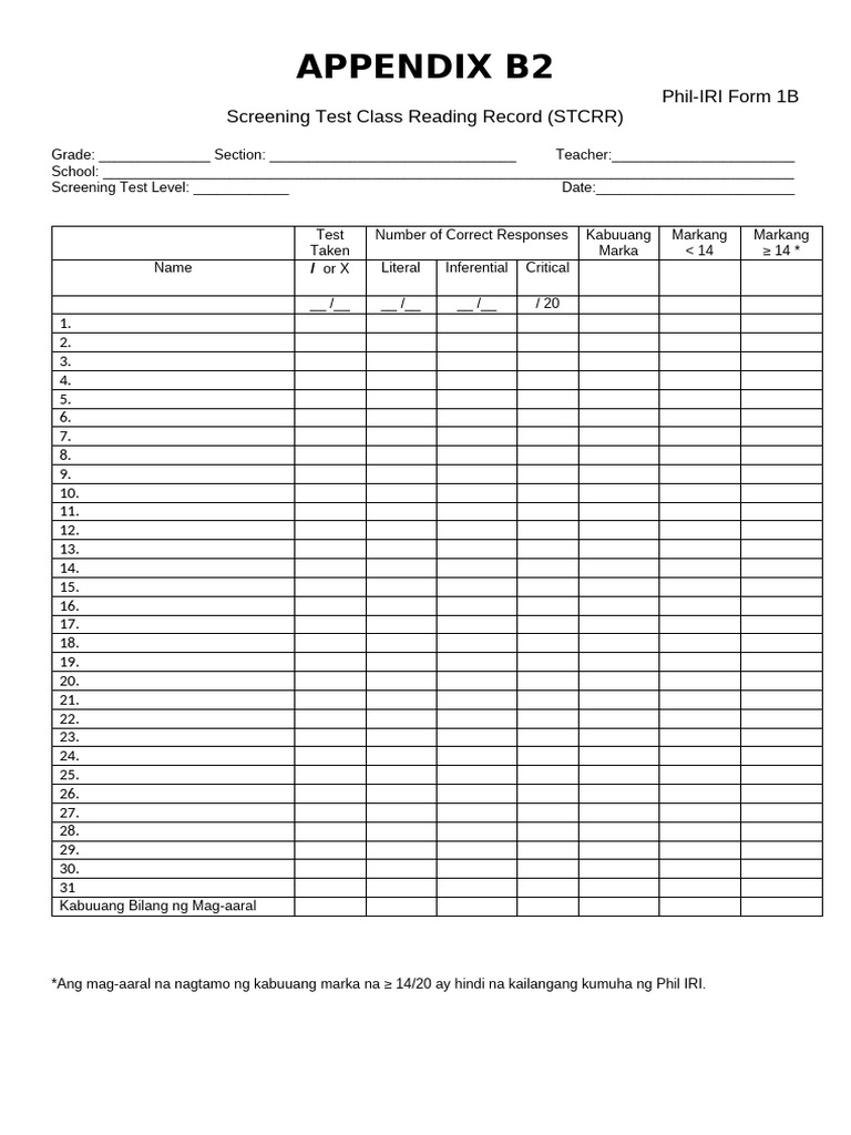 Phil IRI Form 1B Screening Test Reading Record Filipino | PDF