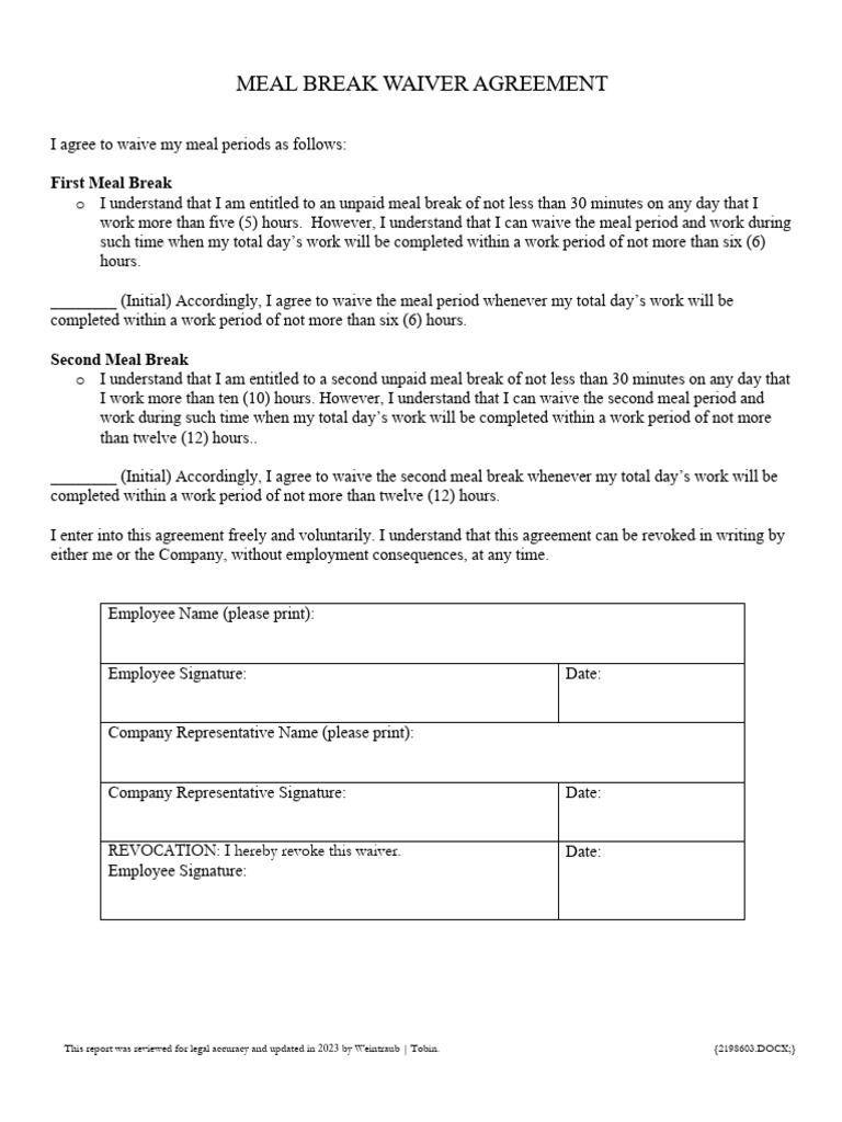 Meal Break Waiver 2198603x9de17 Fillable | PDF