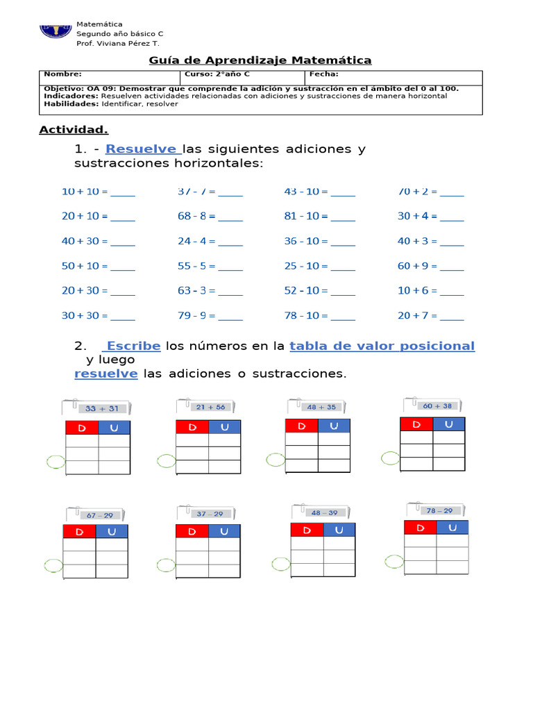 Guia N°2 Matematica Sumas y Restas Problemas | PDF