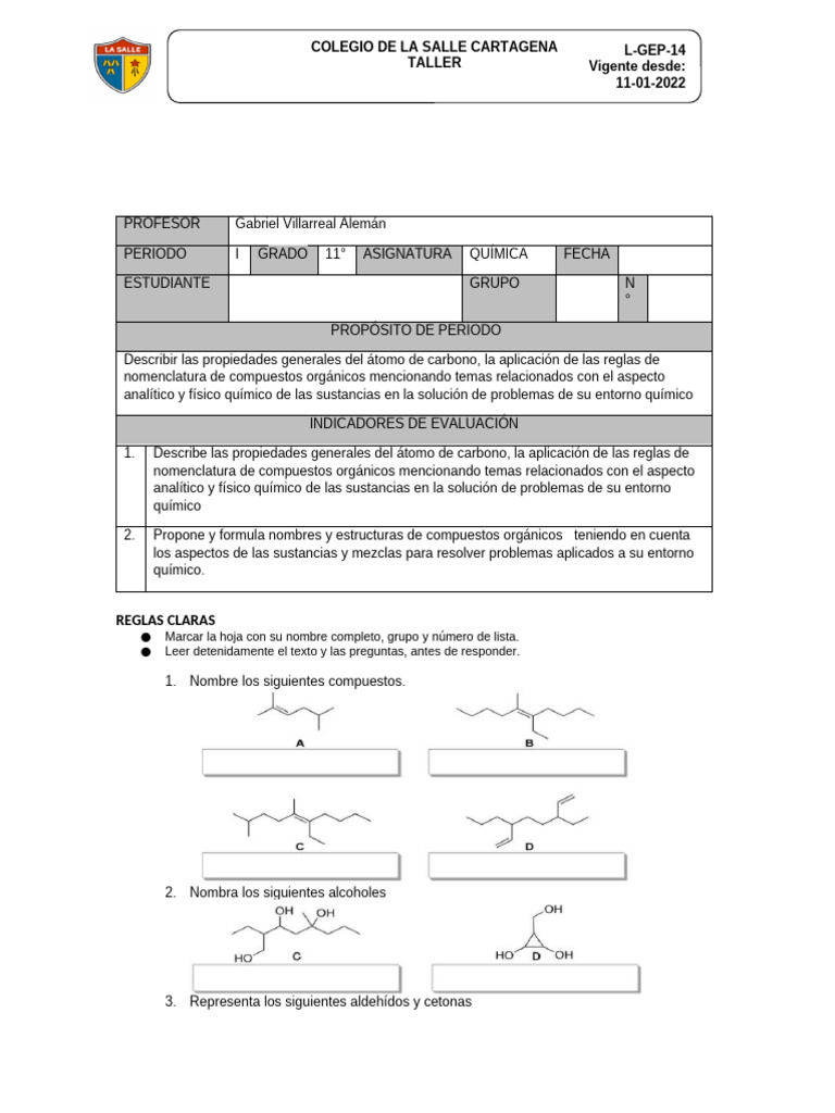 TALLER 1 QUIMICA DE 11A_. (1) | PDF