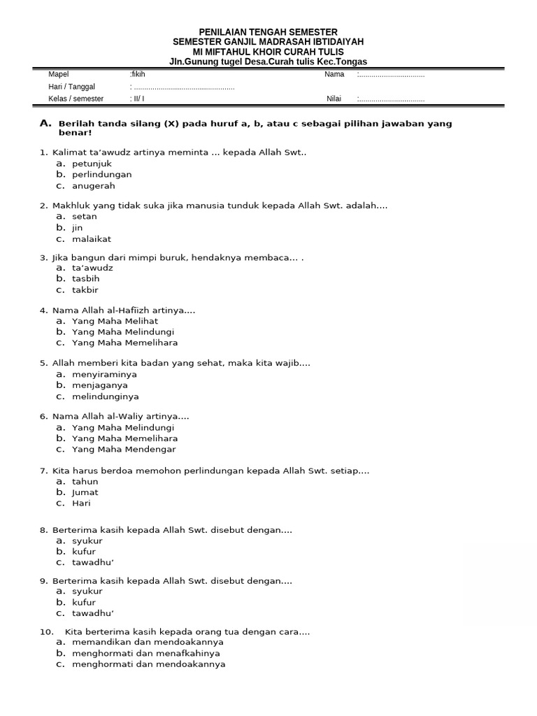 Soal PTS Akidah KLS 2 Mi Semester 1 | PDF | Semitic Words And Phrases | Religion & Spirituality