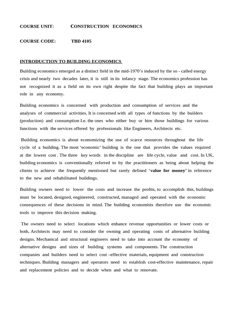 Construction Econnmics Notes | PDF