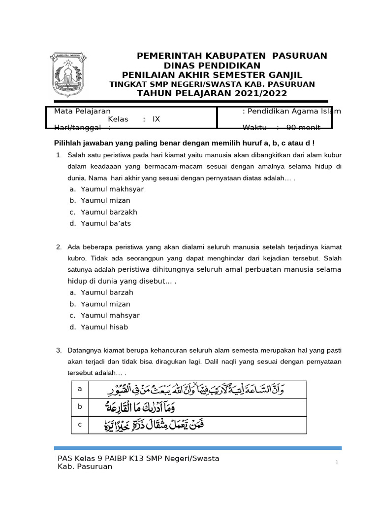 Soal PAS Kls 9 TH 2021-2022 Final | PDF