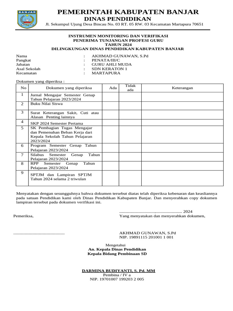 Instrumen Monev Sertifikasi Untuk Guru 2024 | PDF