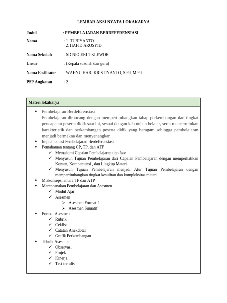 Lembar Aksi Nyata Lokakarya - SDN Karangasem | PDF | Karier & Perkembangan