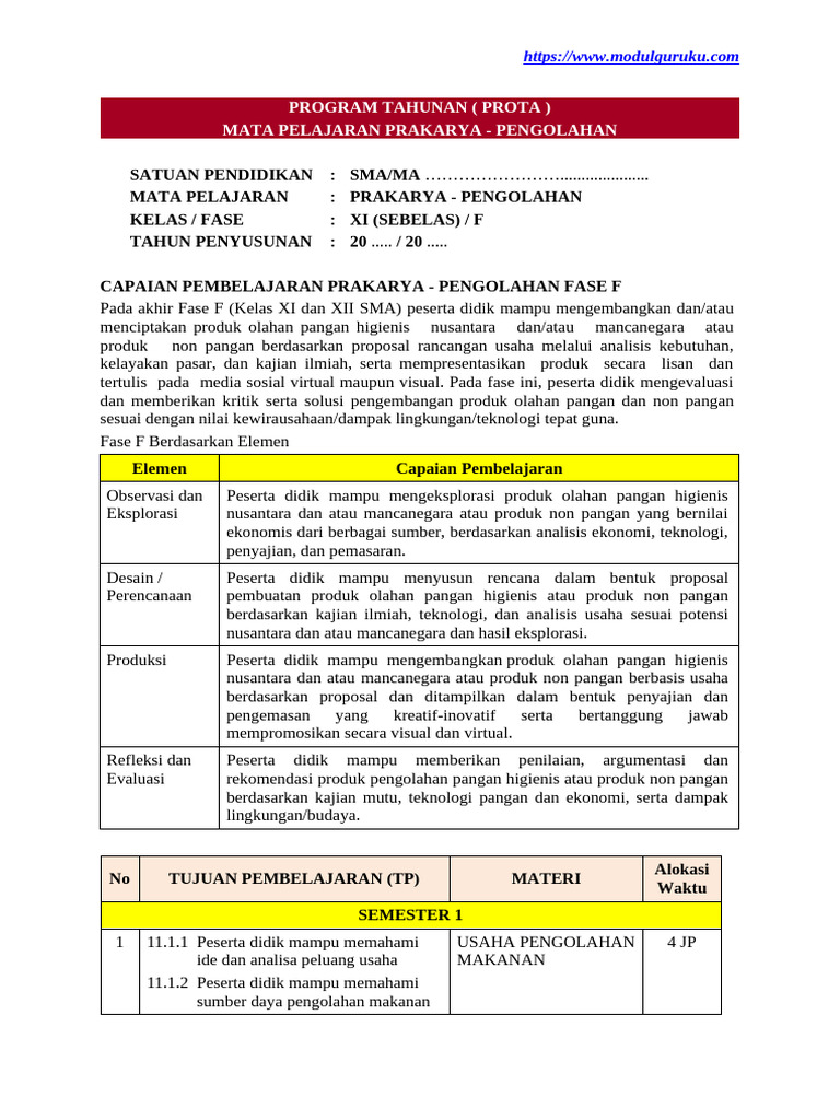 Prota Kelas 11 SMA Prakarya Pengolahan Fase F | PDF