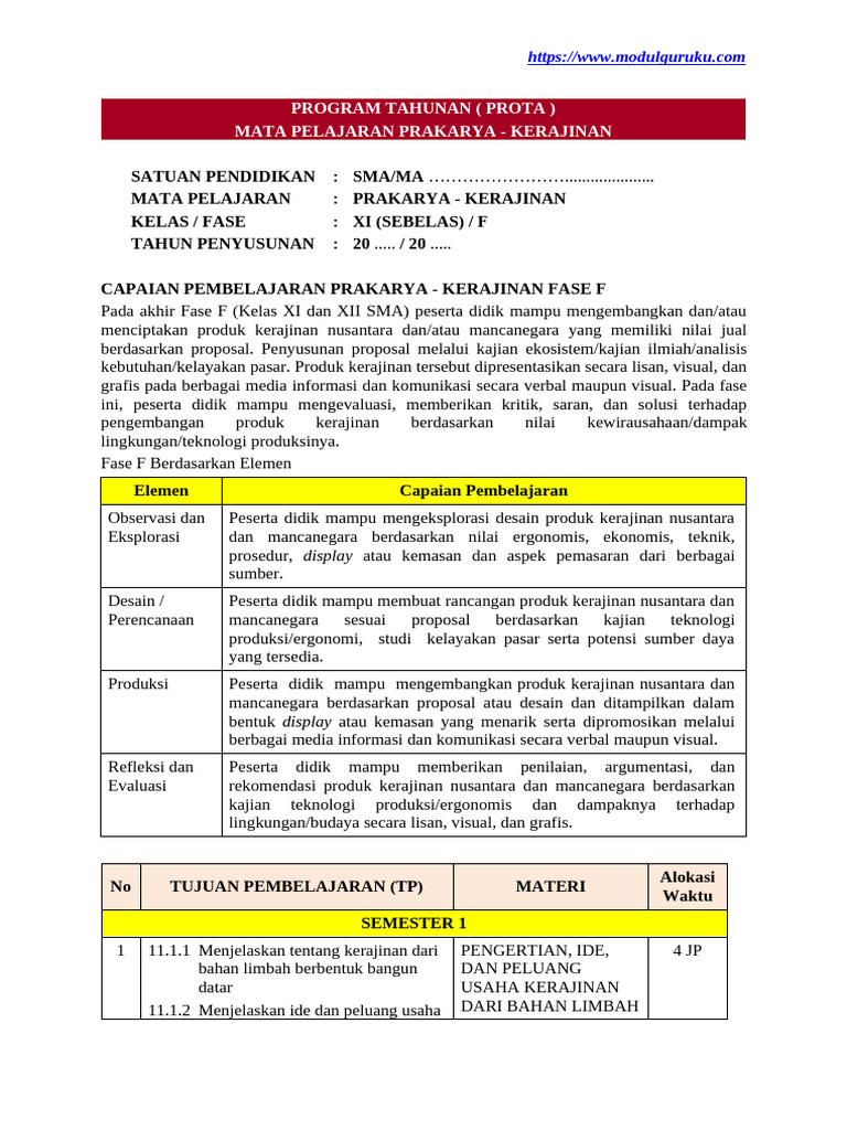 Prota Kelas 11 SMA Prakarya Kerajinan Fase F | PDF