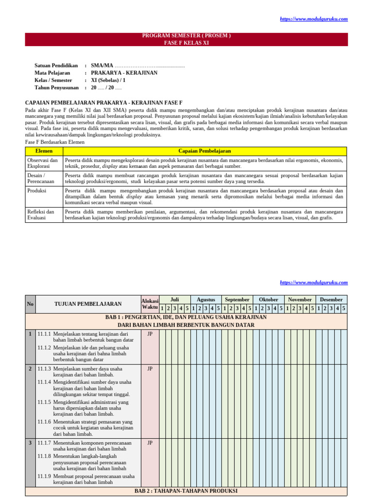 Prosem Kelas 11 SMA Prakarya Kerajinan Fase F | PDF