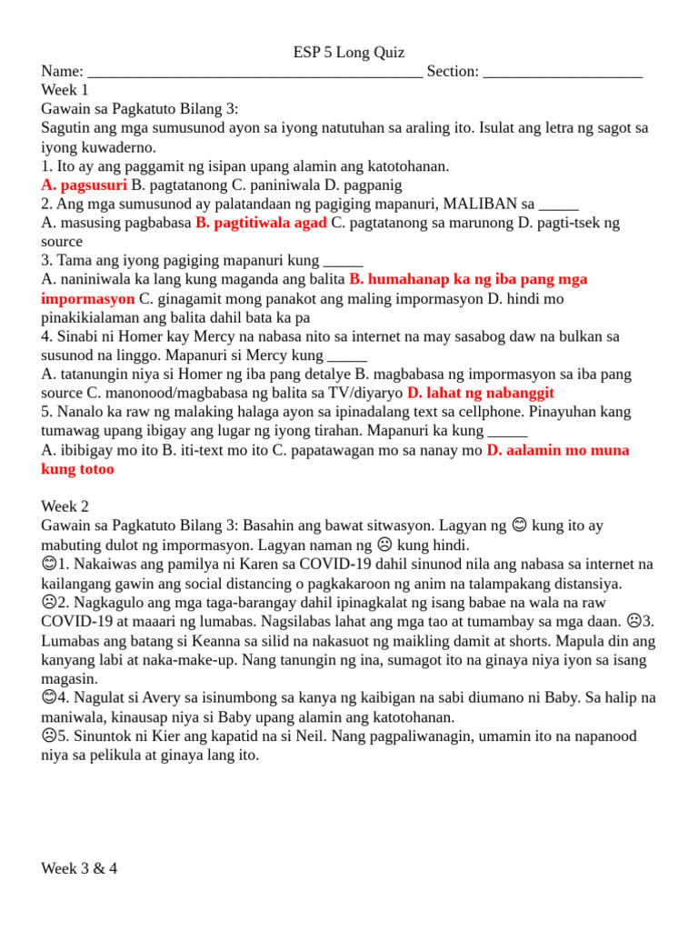 ESP 5 Long Quiz Q1 WEEK 4 | PDF