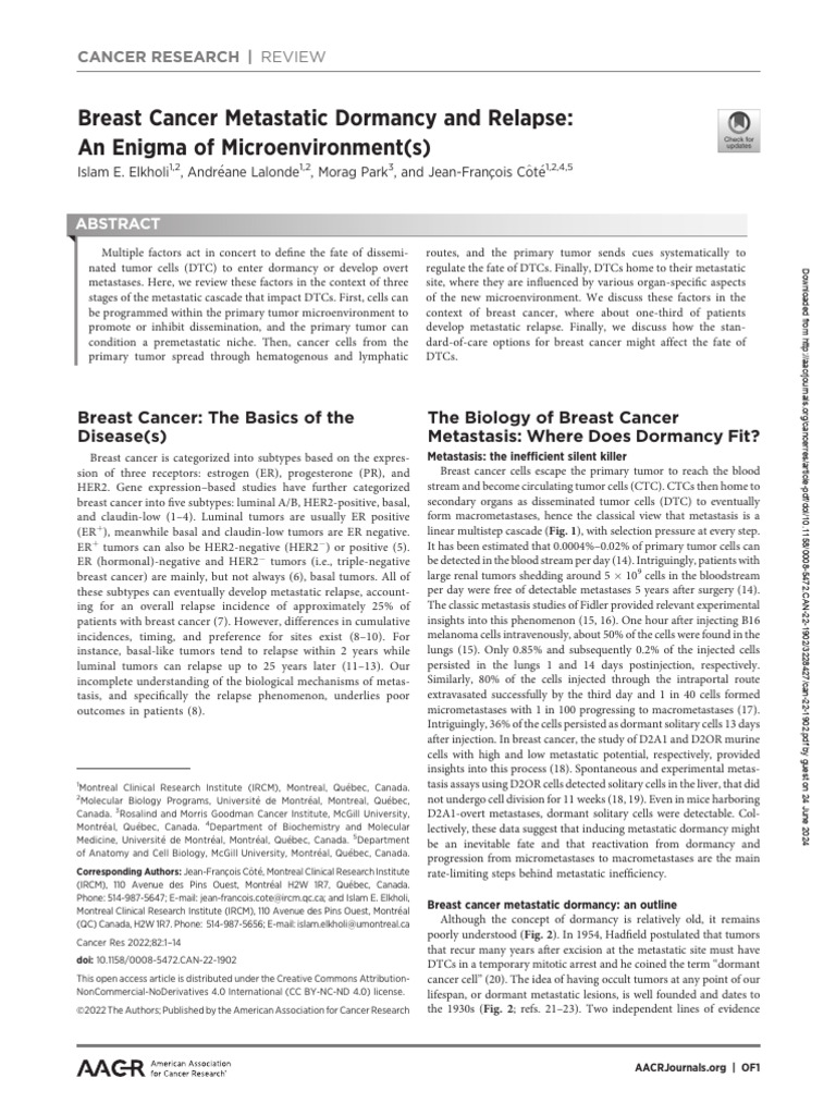 Breast Cancer Metastatic Dormancy and Relapse - An Enigma of ...