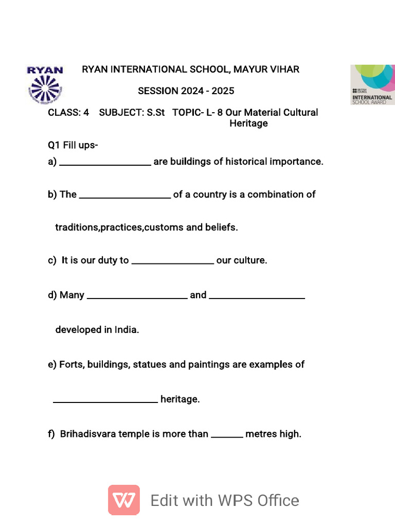Class 4 Material Cultural Heritage Worksheet | PDF | Art