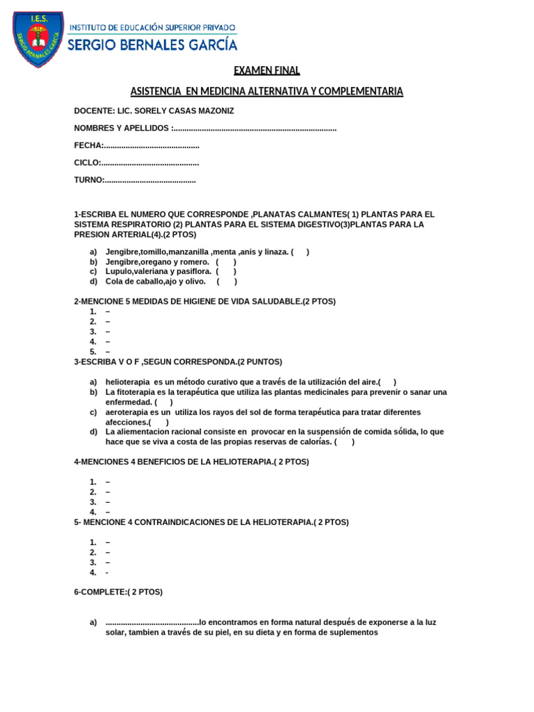 Examen Final, Asistencia en Emdicina Alternativa y Complementaria | PDF