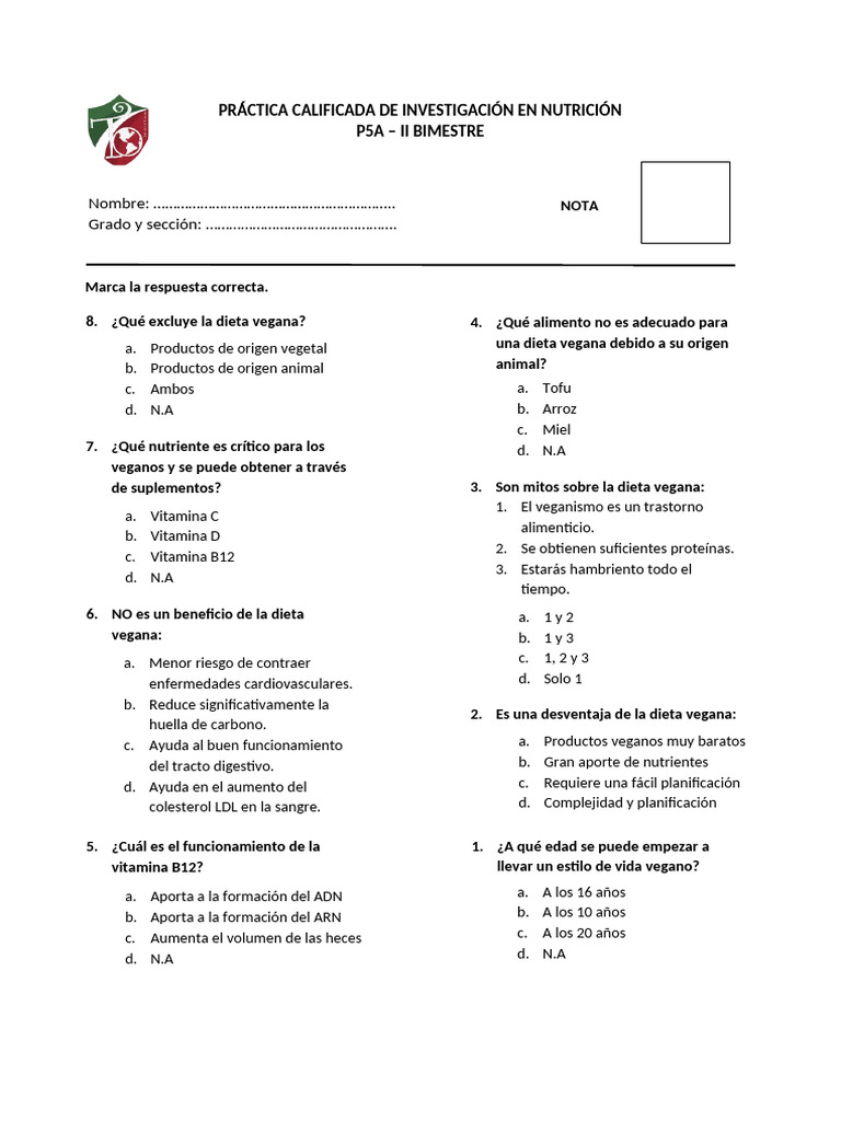 Examen de La Dieta Vegana | PDF | Veganismo | Cocina, comidas y vino