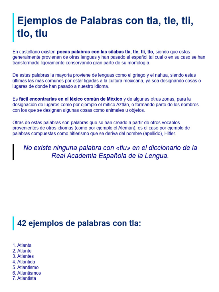 Ejemplos de Palabras con tla, tle, tli, tlo, tlu | PDF