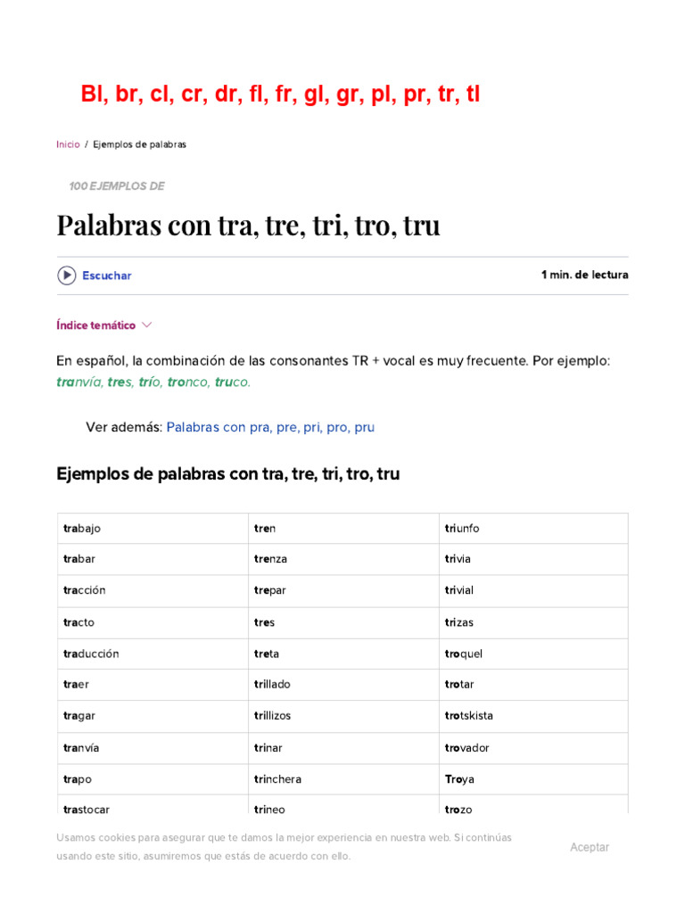 100 Ejemplos de Palabras Con Tra, Tre, Tri, Tro, Tru | PDF