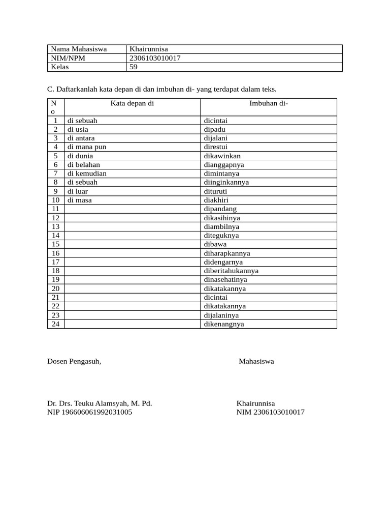 Tuga B Indo Kata DPN Di Dan Imbuhan Di | PDF
