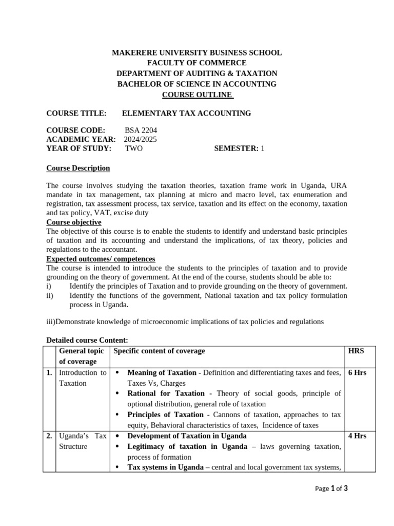 Elementary Tax Accounting Course Outline Bsa | PDF