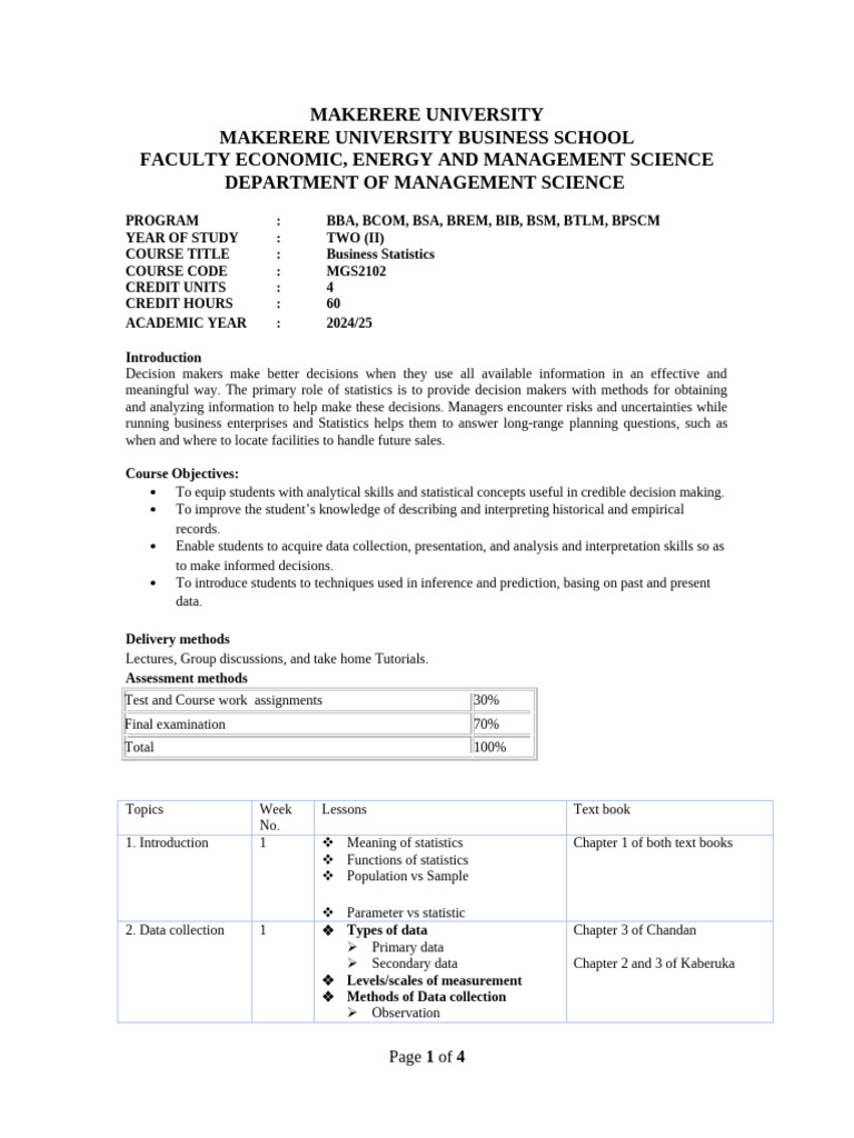 Business Statistics 4 CUs 2024-25 Semester One | PDF