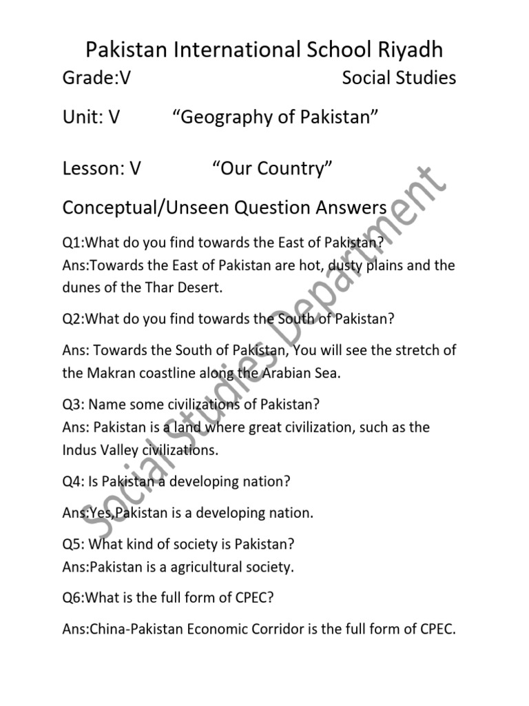 Grade V Unit 2 Geography of Pakistan Lesson 5 Our Country CONCEPTUAL ...