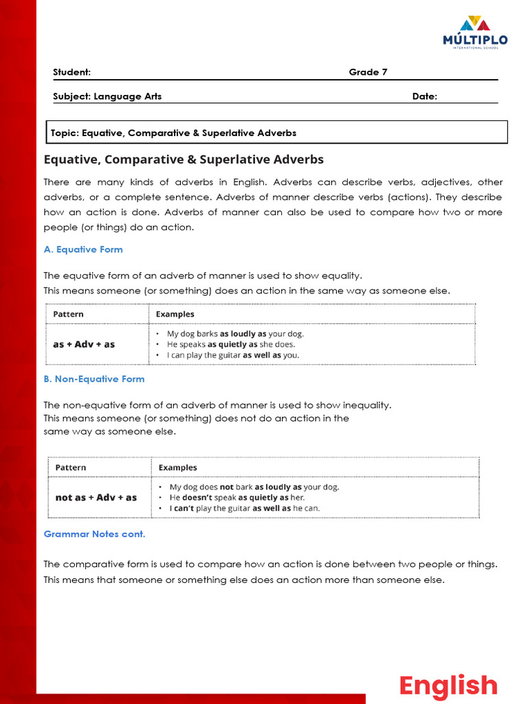 At L LA GRADE 7 Equative, Comparative & Superlative Adverbs | PDF ...