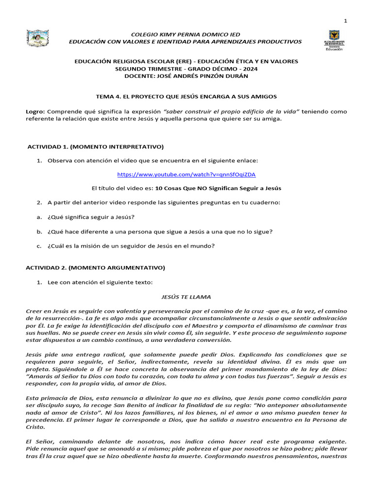 Grado Décimo - Ética y Religión - Segundo Trimestre - 2024 - Tema 4. El Proyecto Que Jesús ...