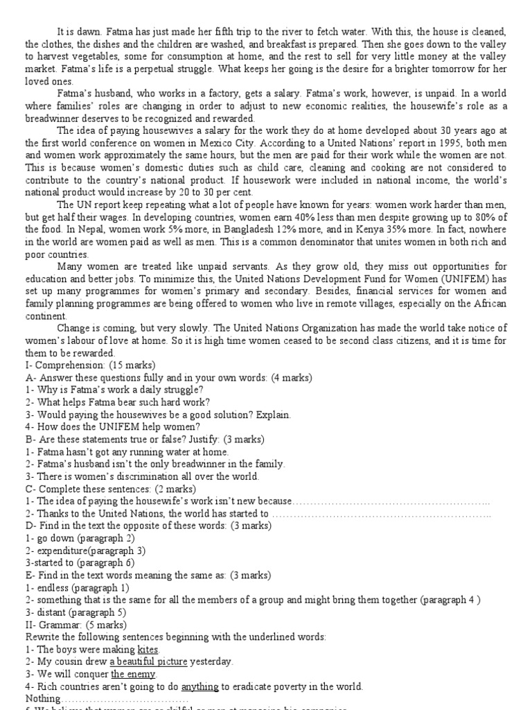 Reading Comprehension HS | PDF | Housewife | Social Inequality