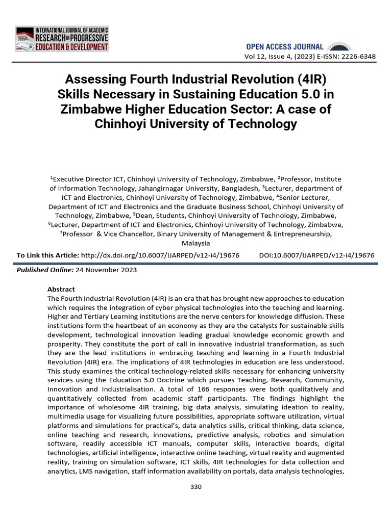 Assessing Fourth Industrial Revolution 4ir Skills Necessary in Sustaining Education 50 in ...