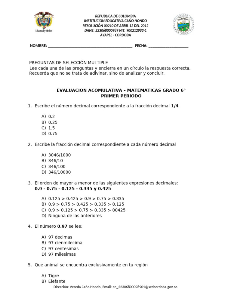 Evaluacion Acomulativa Grado 6° | PDF
