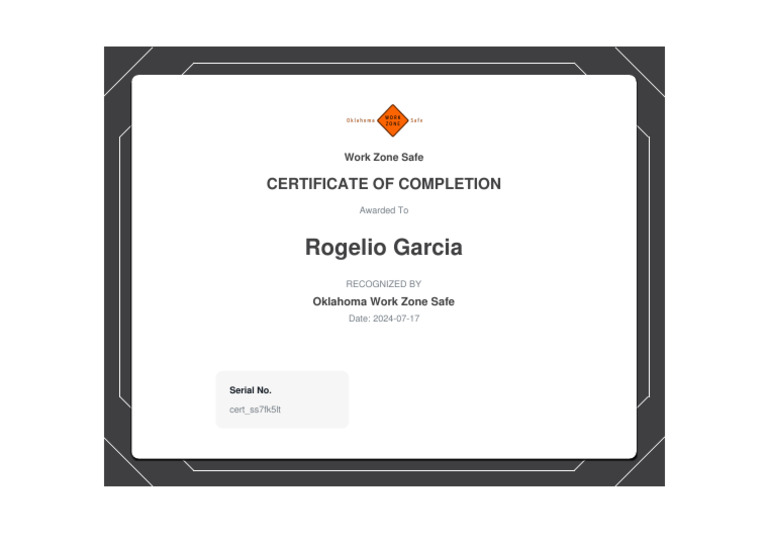 Certificate of Completion For Oklahoma Work Zone Safe | PDF