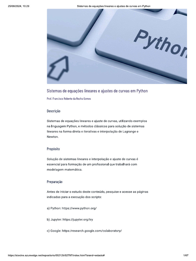 Sistemas de Equações Lineares e Ajuste de Curvas em Python | PDF