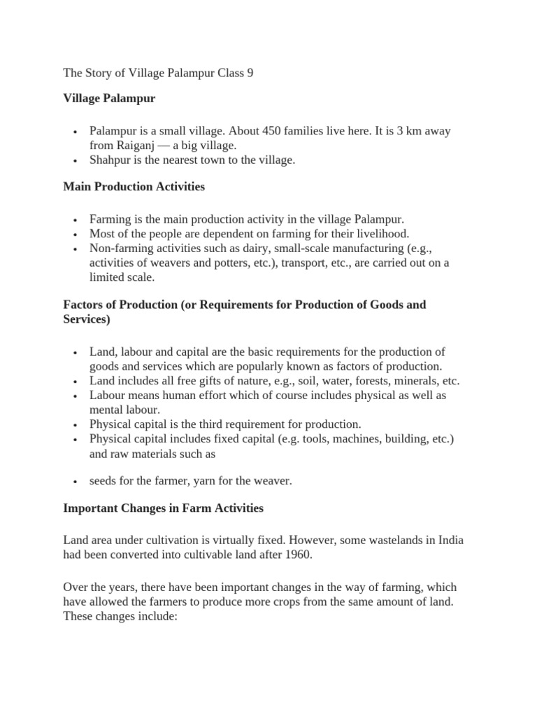 The Story of Village Palampur Class 9 | PDF