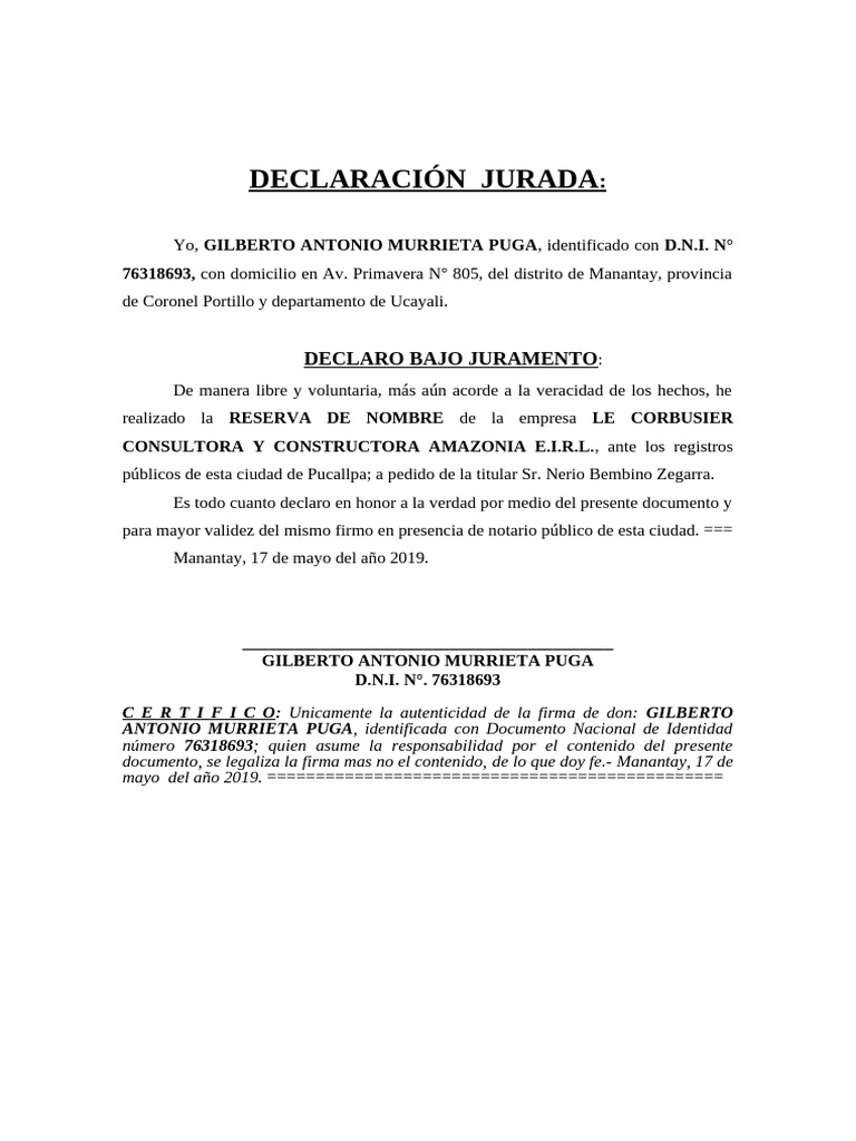 Decla Jurada Retiro de Empresa-Teresa de Calcuta Sac | PDF