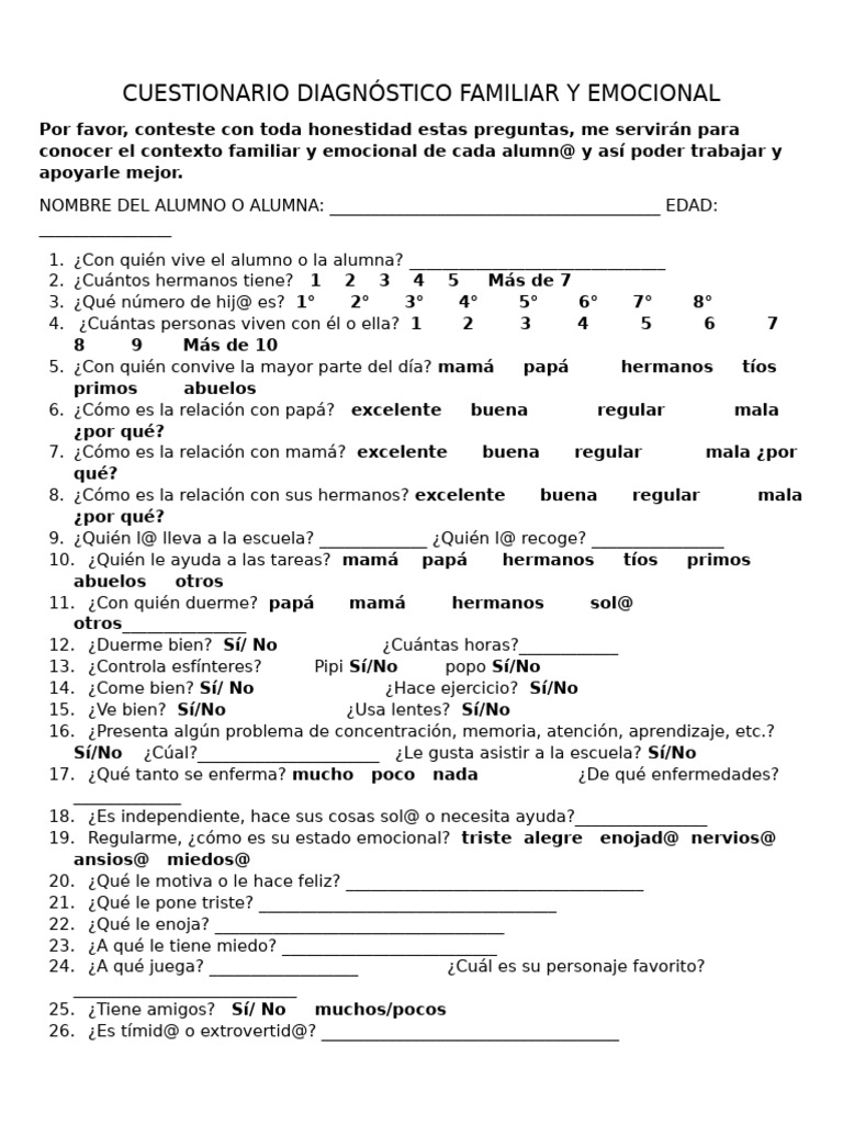 Cuestionario Diagnostico Familiar y Emocional | PDF | Autoajuda