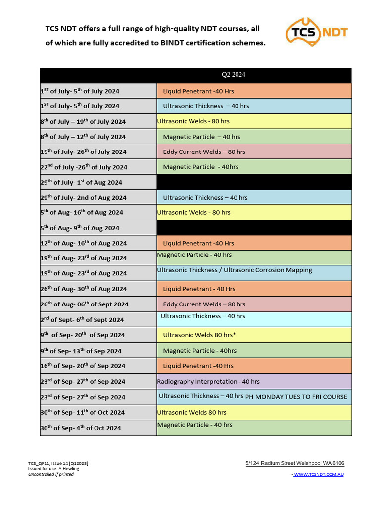 TCSNDT+Current+Course+Dates+Q2+2024 | PDF