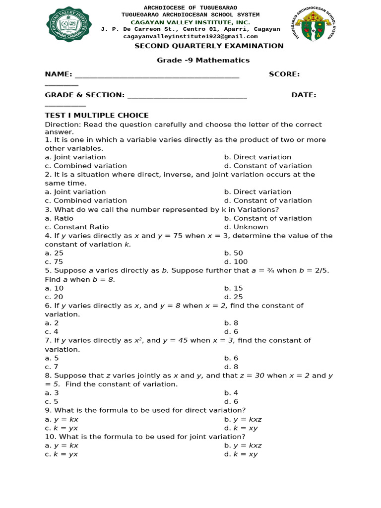 SECOND GRADING Exam in Grade - 9 Math | PDF