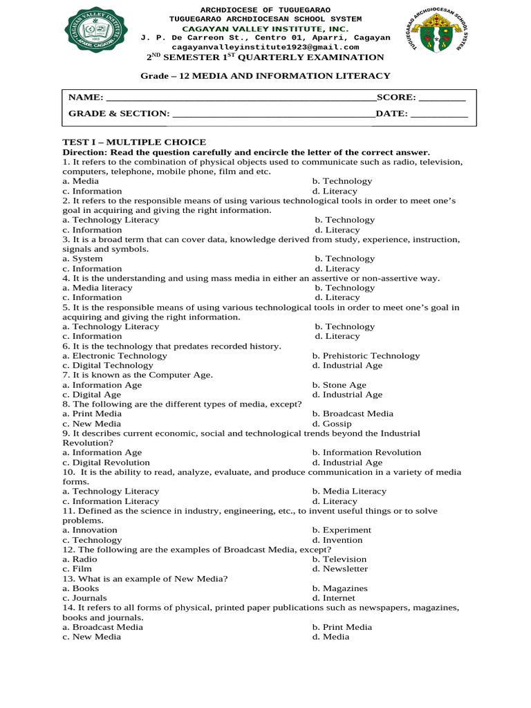 2ND Semester 1ST Quarterly Examination | PDF