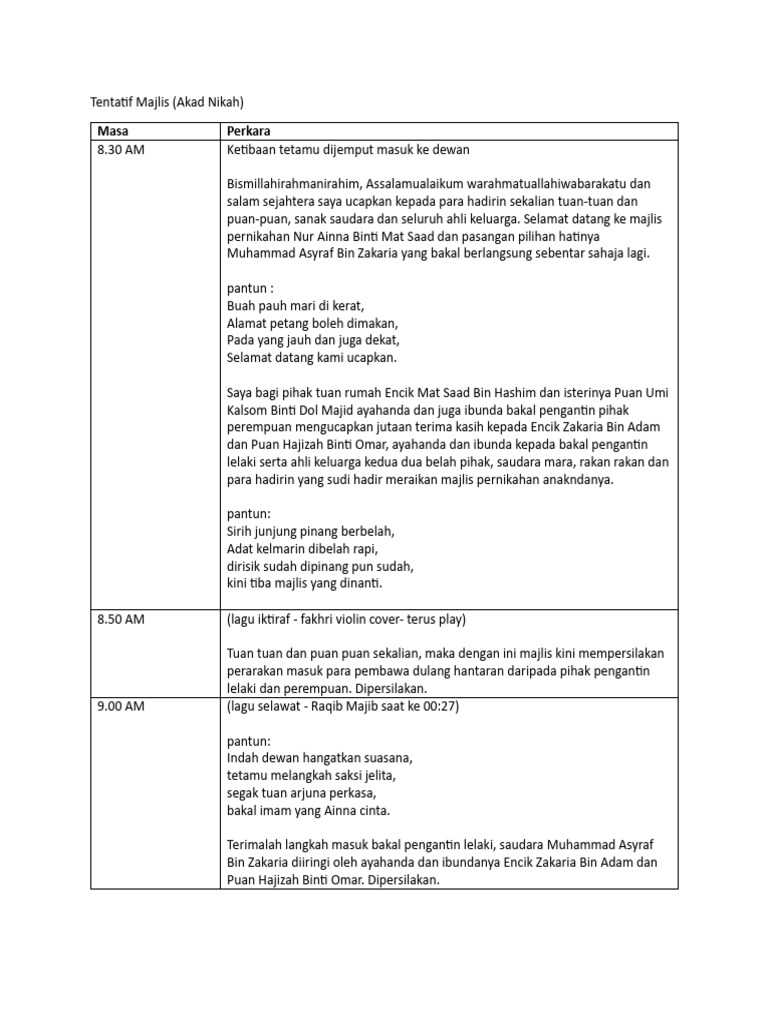 Tentatif Majlis - Akad Nikah | PDF