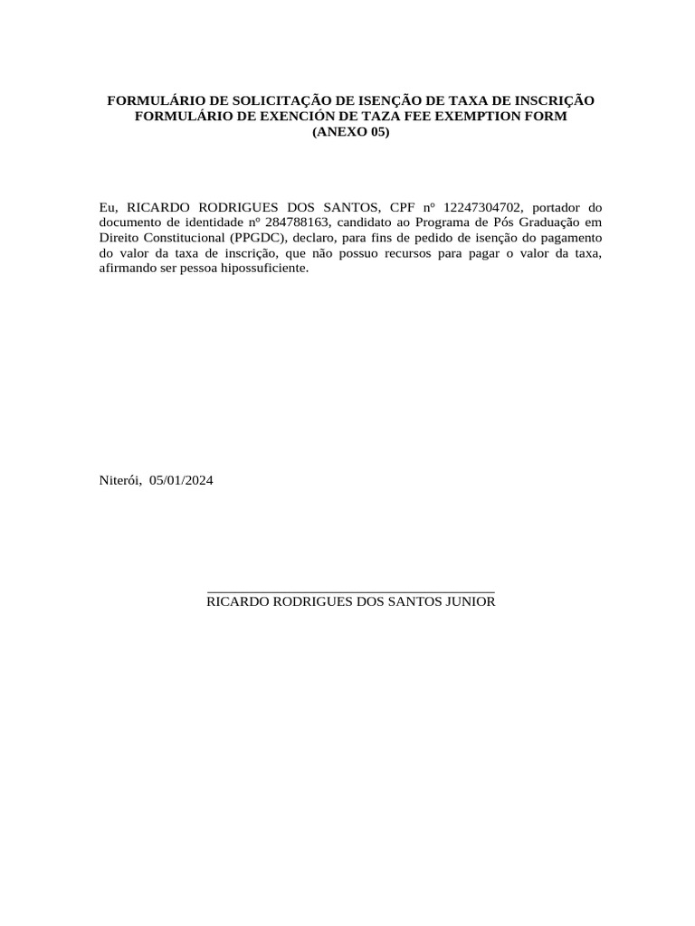 Formulario de Solicitacao de Isencao de Taxa Anexo 05 | PDF