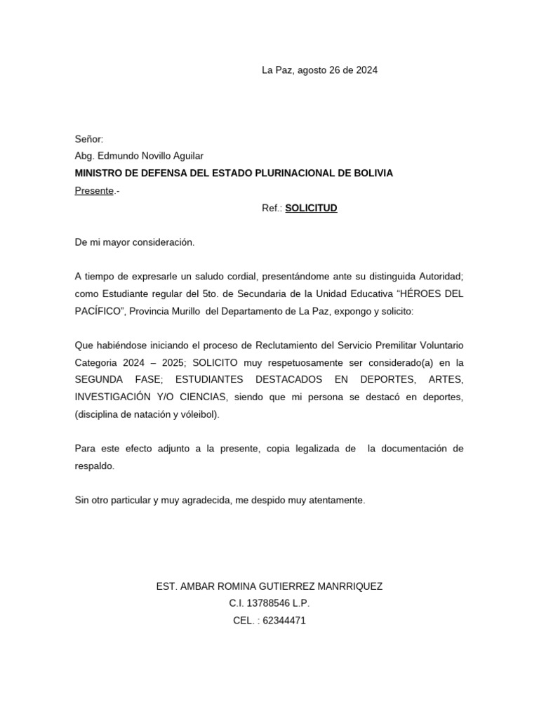 Solicitud de Ingreso A La Premilitar | PDF