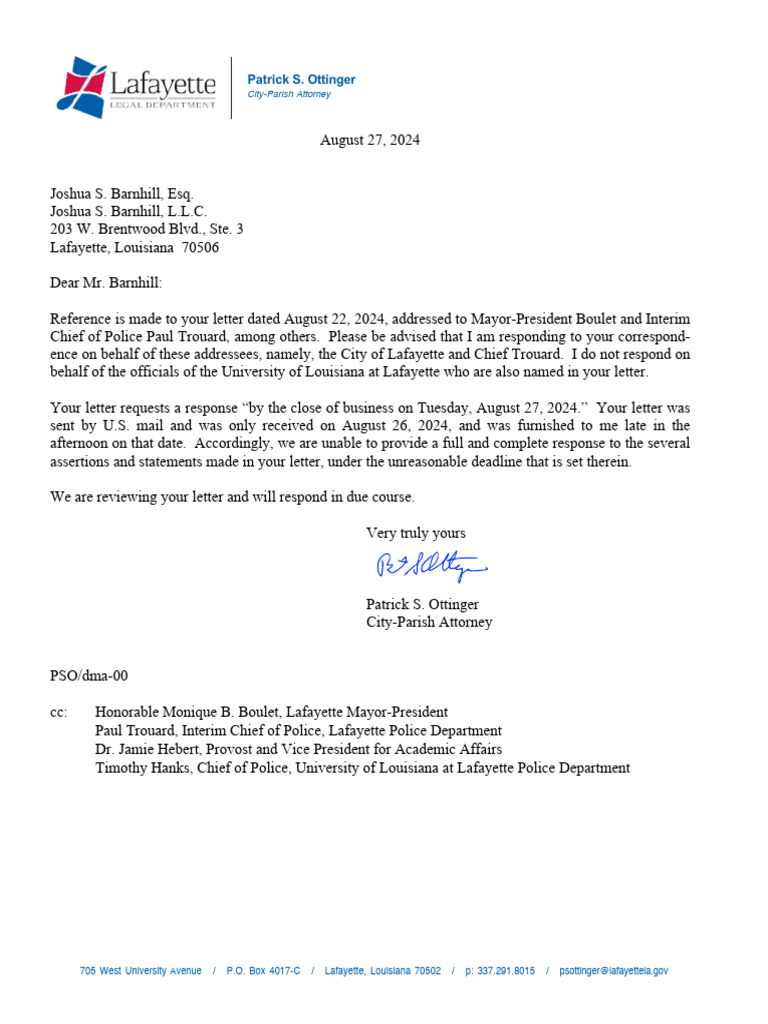 Lafayette's Response To GOA Letter - August 27, 2024 | PDF