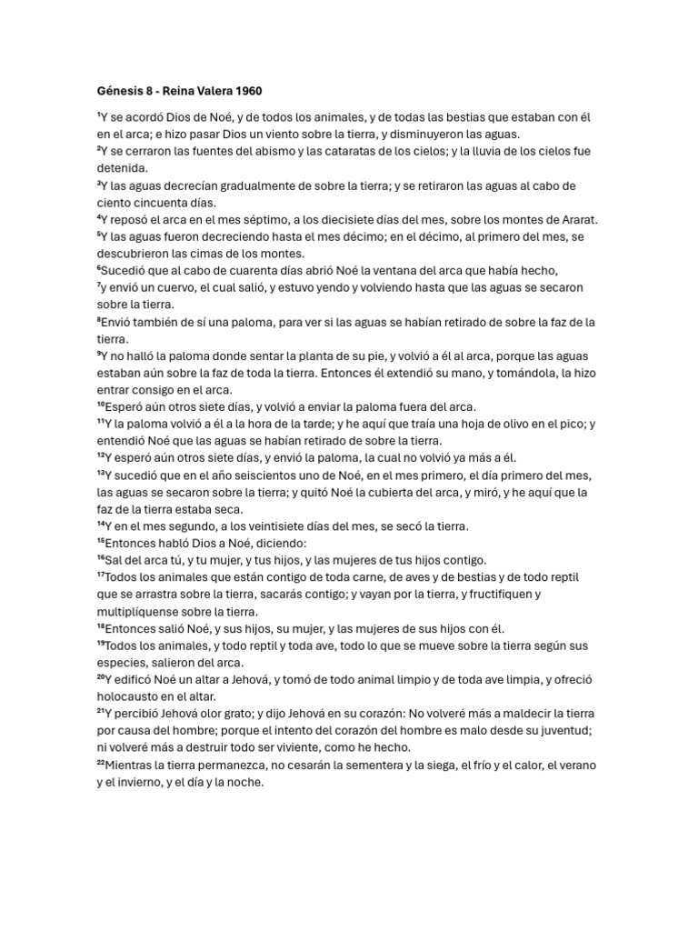 Genesis Capítulo 8 - Reina Valera 1960 | PDF | Arca de Noé | Noé