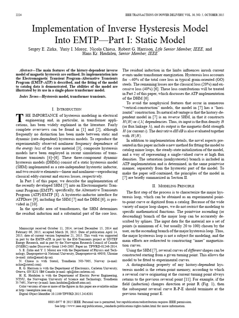 Sergey E. Zirka 2015 Implementation of Inverse Hysteresis Model Into EMTP Part I | PDF