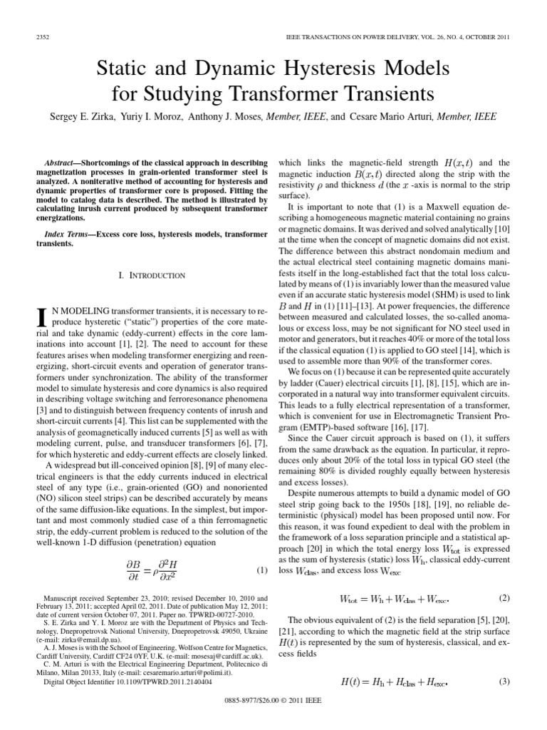 Sergey E. Zirka 2011 Static and Dynamic Hysteresis Models For Studying Transformer Transients | PDF