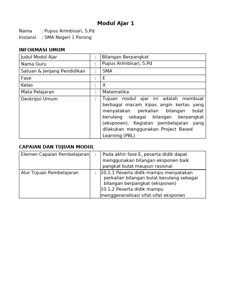 Modul Ajar Matematika - Bilangan Berpangkat - Fase E | PDF