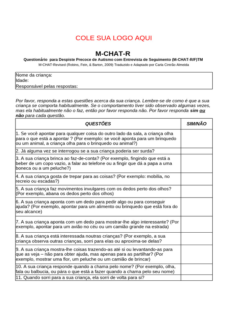 Cole Sua Logo Aqui: M-Chat-R | PDF