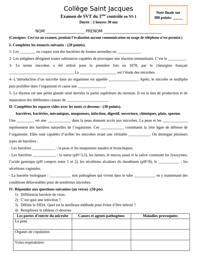 CSJ Examen 4 Eme Controle SVT ns1 | PDF