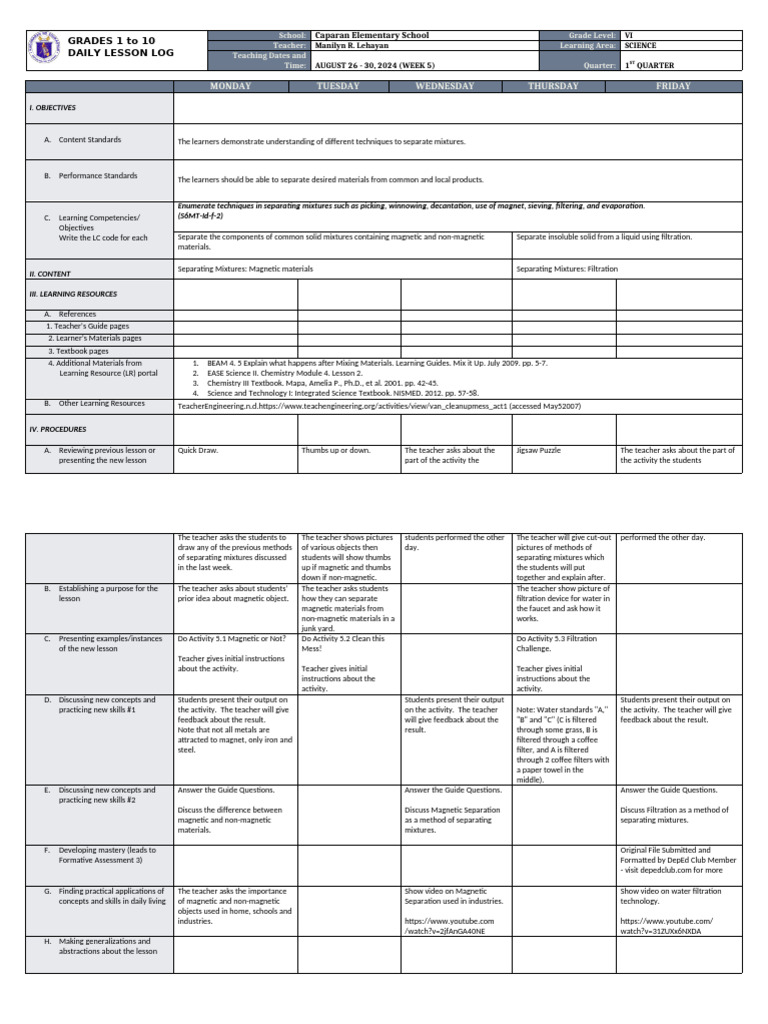 DLL - Science 6 - Q1 - W5 | PDF