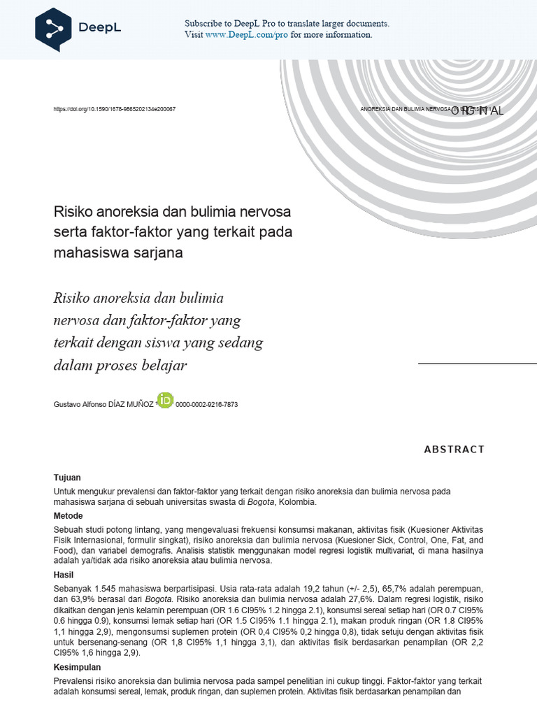 Risk of Anorexia and Bulimia Nervosa and Its Associated Factors in ...