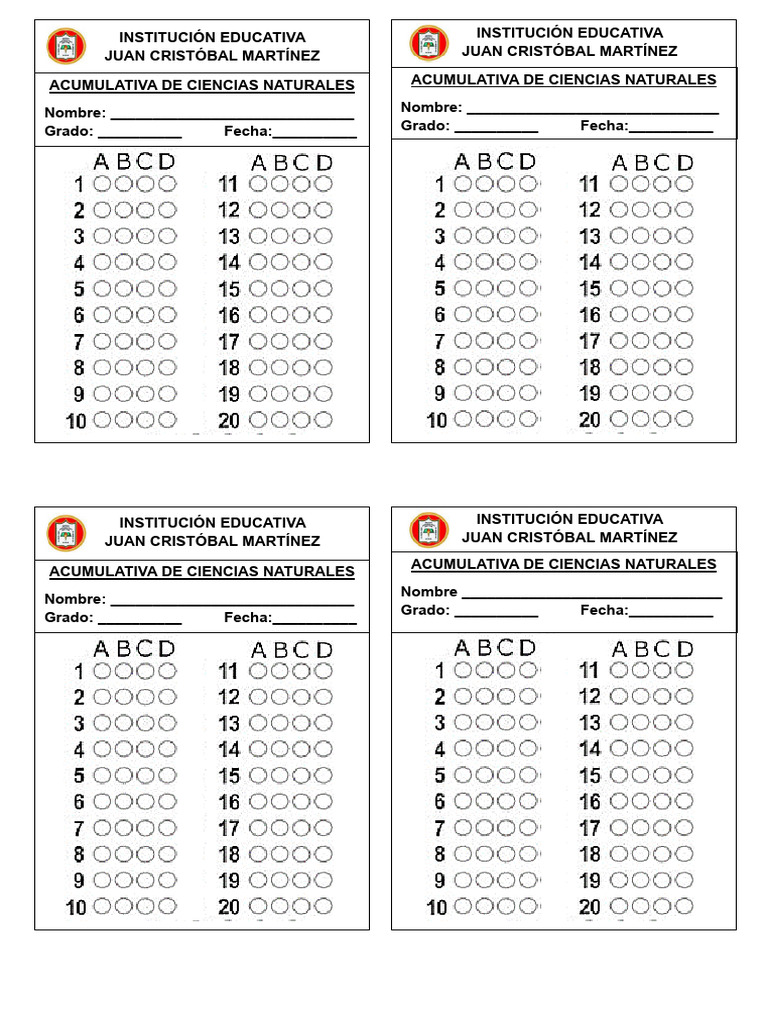 Hojas de Respuesta - 1 A 20 - Ciencias | PDF