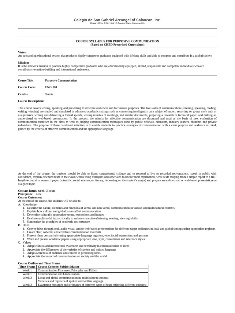 Purposive Communication Course Syllabus | PDF | Communication | Cognition